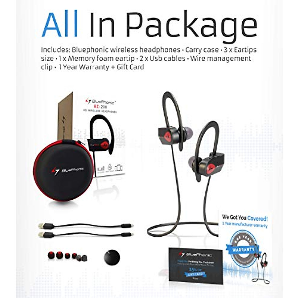 BluePhonic Bluetooth Earbuds Headphones, Best Wireless Sports Earbuds w/Mic HD Stereo Sweatproof Earphones for Gym Running Workout IPX7 Waterproof Noise Cancelling Earphones Noise Cancelling Headsets