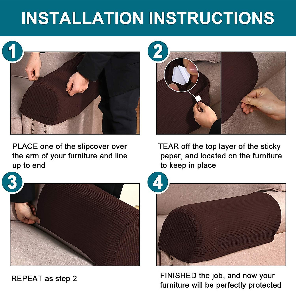 Turquoize Stretch Armrest Covers for Chairs and Sofas Couch Arm Covers for Sofa Spandex Jacquard Armrest Covers Anti-Slip Furniture Protector Washable Armchair Slipcovers for Recliner Set of 2, Brown