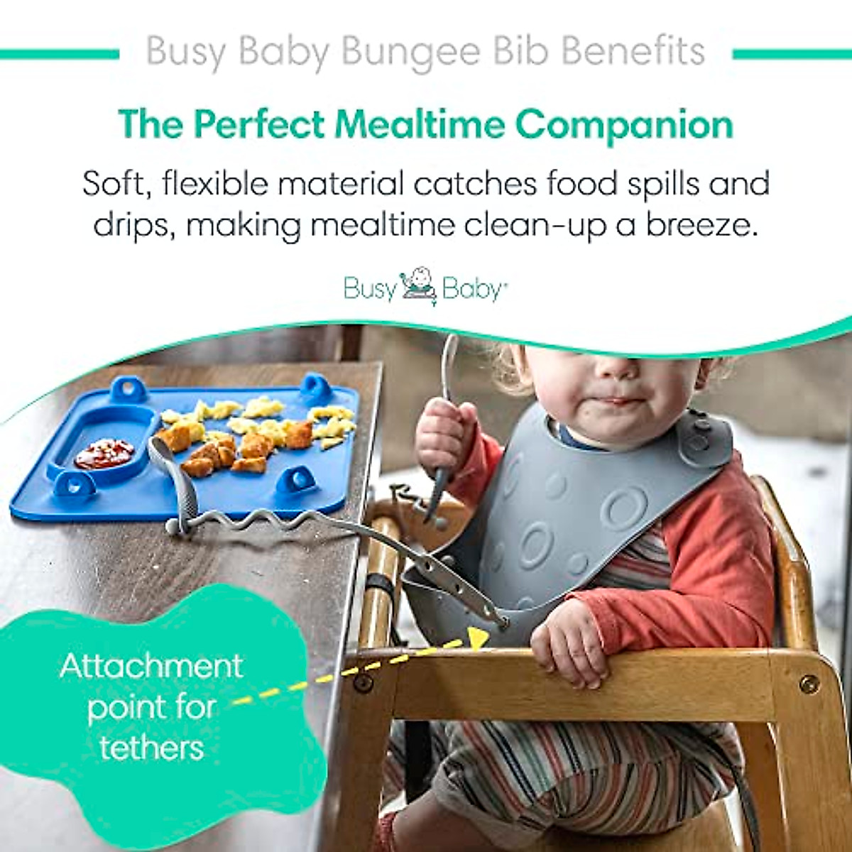 BUSY BABY Bungee Bib | Silicone Bib for Babies & Toddlers with Tethers | Attach Utensils and Keep Them Off The Floor | Dishwasher Safe, BPA Free (Spearmint)