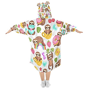 Kigai Cute Sloth Wearable Blanket Hoodie for Kids Oversized Hooded Sweatshirt Soft Cozy Flannel Blanket with Pocket