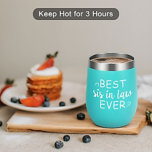 Lifecapido Sister in Law Gifts, Best Sis in Law Ever Wine Tumbler, Mothers Day Christmas Birthday Gifts for Sister in Law Women Bride, 12Oz Stainless Steel Insulated Wine Tumbler with Lid, Mint