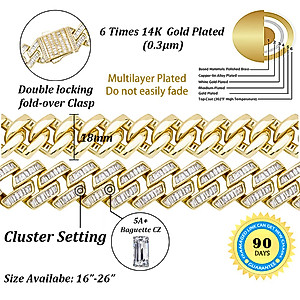 TOPGRILLZ 12mm/18mm Baguette Diamond Miami Cuban Link Chain 6 Times 14K Gold Plated Solid CZ Choker Necklace for Men Women Jewelry Decoration (18mm Gold, 20)