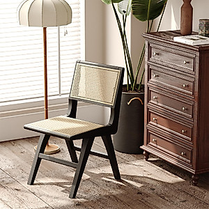 Accent Chair Dining Chairs Set of 2, Solid Wood Frame Boho Rattan Chair, Mid Century Modern Accent Chairs for Living Room Bedroom Dining Room Kitchen(Black)