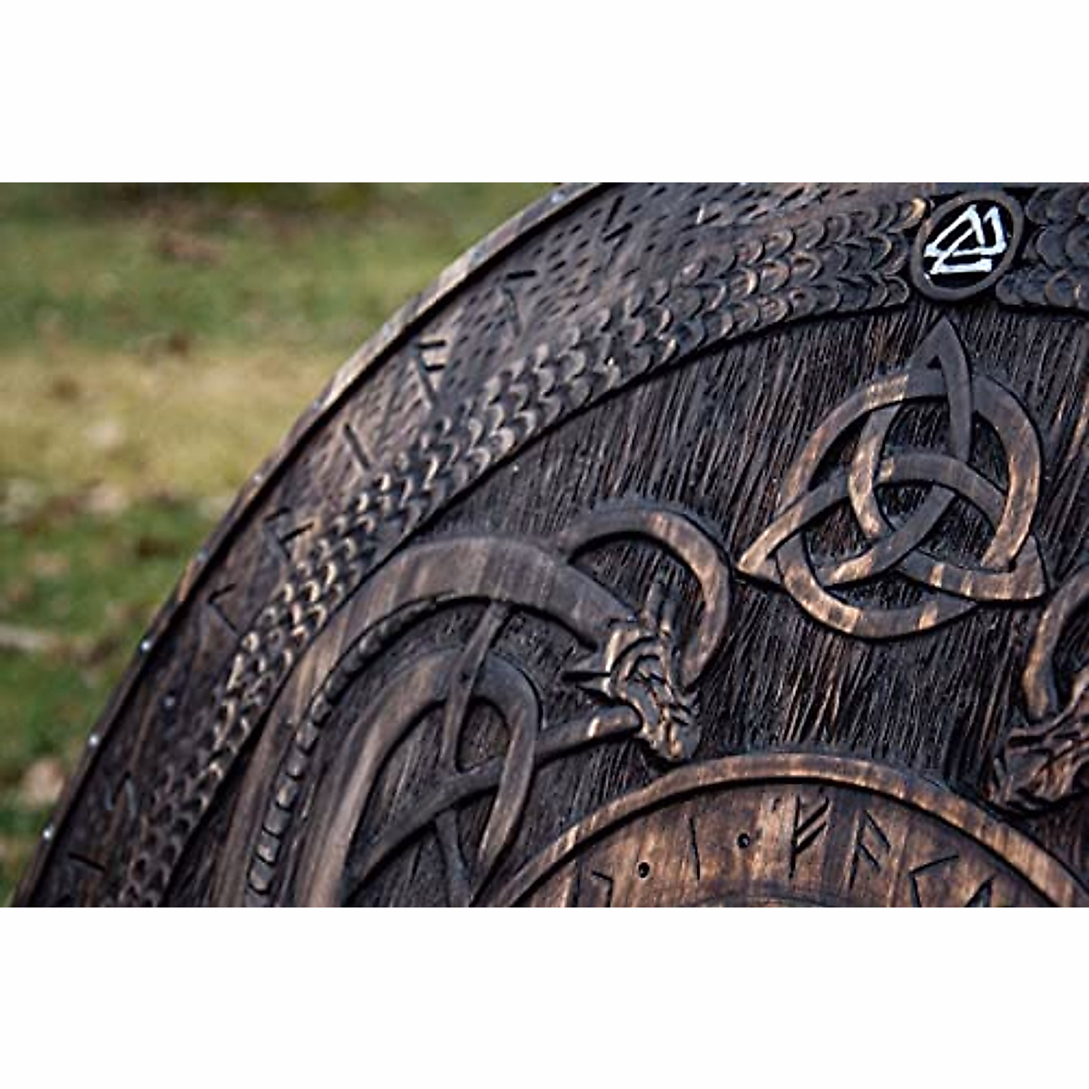 Kasmiartgallery Medieval Viking Shield with Carved Norse Runic Ornaments Shield Celtic Ornament Green