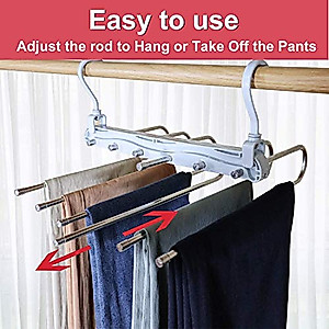 Niclogi Pants Hangers 6 Layers Space Saving Trouser Hangers, 4 Pack Multifunctional Pant Rack Stainless Steel Folding Closet Storage Organizer for Pants Slacks Jeans Trousers Towel（Grey）