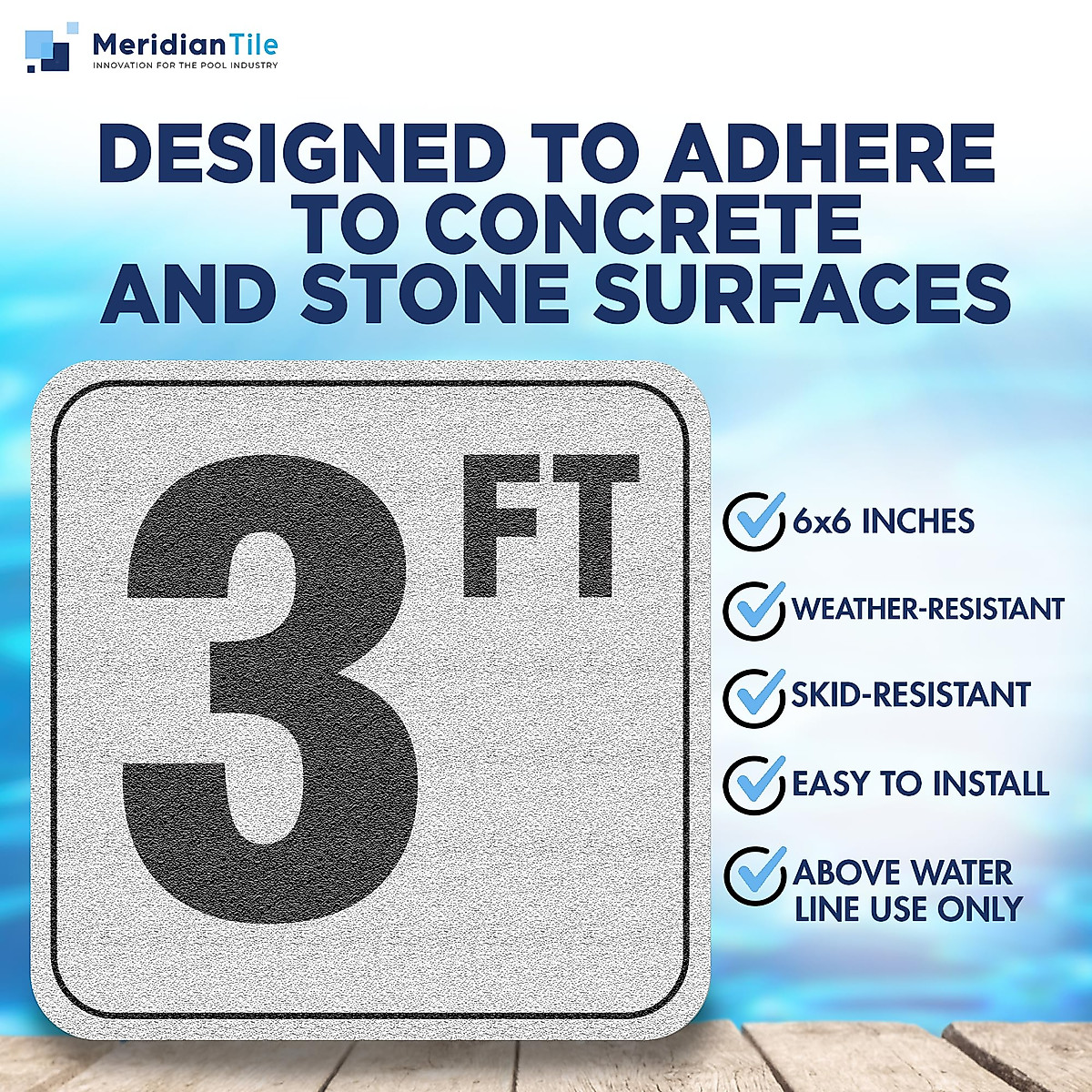 Aquatic Custom Tile, 3FT Pool Depth Markers, 6x6 Inches Vinyl Pool Stickers, Swimming Pool Number Markers, Pool Safety Signage, Adhesive Pool Depth Markers Stickers for Decks, MADE IN USA - (1 Pack)