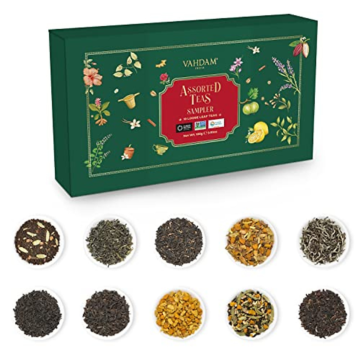 VAHDAM, Assorted Loose Leaf Tea Sampler - 10 Teas, 50 Servings | Tea Variety Pack - Black Tea, Green Tea, Oolong Tea, Chai Tea, White Tea | Brew as Hot/Iced Tea, Kombucha Tea