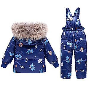 2 Piece Boys Winter Snowsuit, Kids Clothing Sets Girls Hooded Duck Down Jacket + Snow Bib Ski Pants Dinosaur Blue 4-5 Years