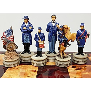 US American Civil War Generals Chess Set W/ 17" High Gloss Cherry & Burlwood Color Storage Board
