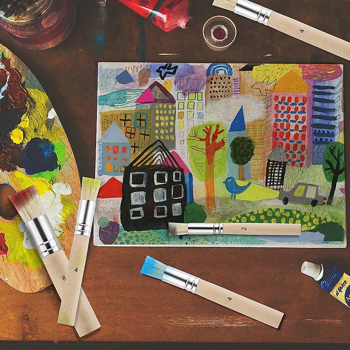 LUTER 6Pcs Wooden Stencil Brushes, Natural Bristle Stencil Brushes for Acrylic Painting, Oil Painting, Watercolor Painting, Card Making, DIY Art Crafts Project (3 Sizes)