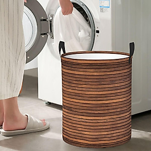 KArFri brown wood lath Large Laundry Basket Round Laundry Hamper Storage Basket Collapsible Laundry Baskets With Handles Dirty Clothes Basket Hampers for Bedroom Home Dorm Room Decor, Small