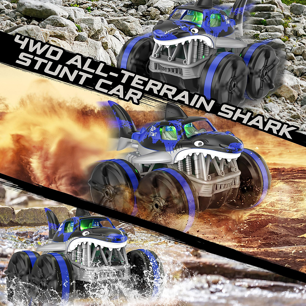 Amphibious Remote Control Car, RC Cars 2.4 GHz Working on Water, All Terrain Monster Shark Truck Stunt Car, Toys Gift for Boys Girls Age 5 6 7 8 9 10