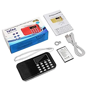 LEFON Mini Digital AM FM Radio Media Speaker MP3 Music Player Support TF Card/USB Disk with LED Screen Display and Emergency Flashlight Function (Black-Upgraded Version)