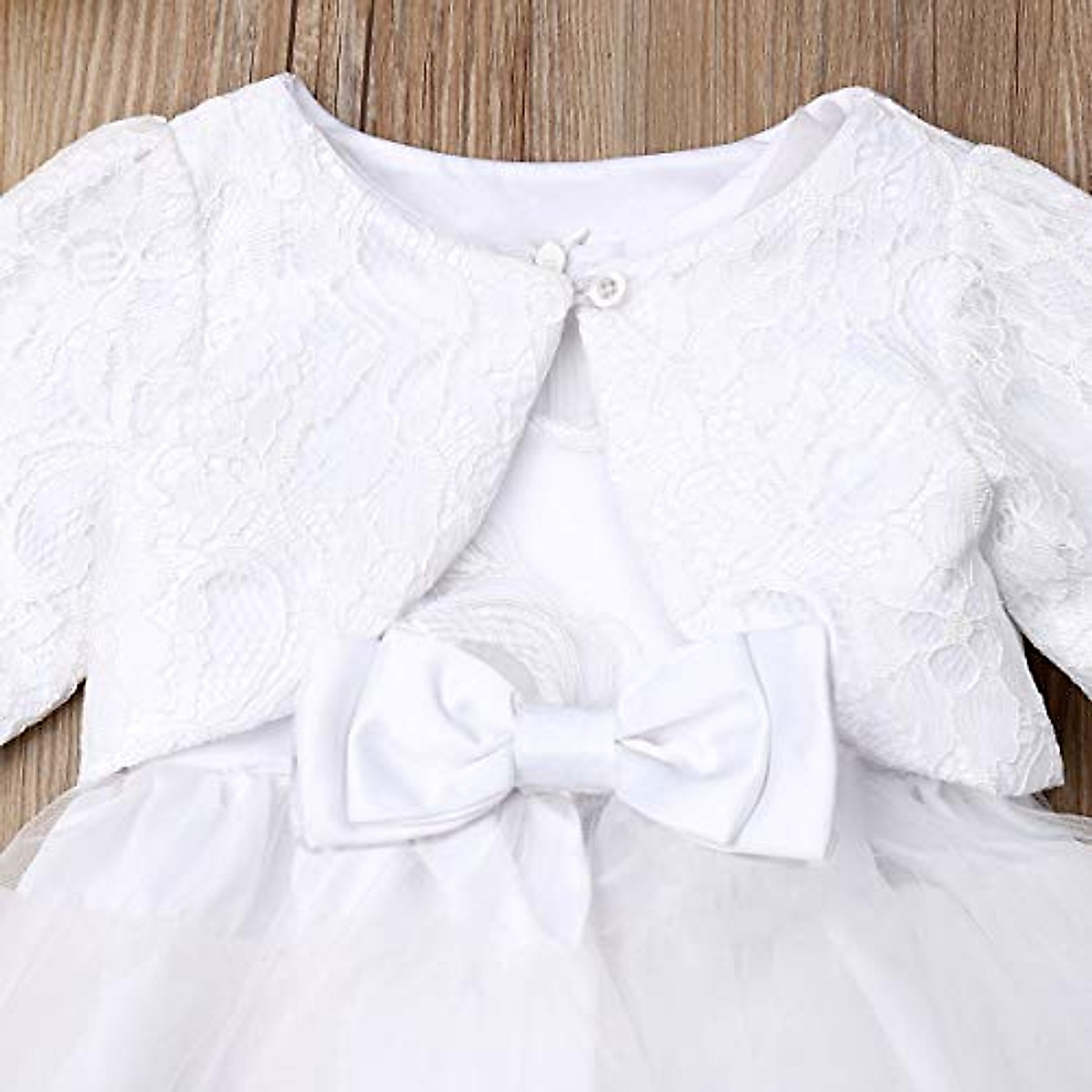 Cudilica Newborn Baby Girls Christening Princess Long Sleeve Tulle Lace Dress Skirts Shawl Hat 3Pcs Infant Clothes Sets (White, 0-3 Months)