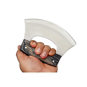 WARIVO KNIFE Handmade Ulu Knife Pizza Cutter Rocker Knife Mezzaluna Knife with sheath Rocker Boning Knife for Slicing, Chopping, Camping, Outdoor, Kitchen (Wooden Handle)