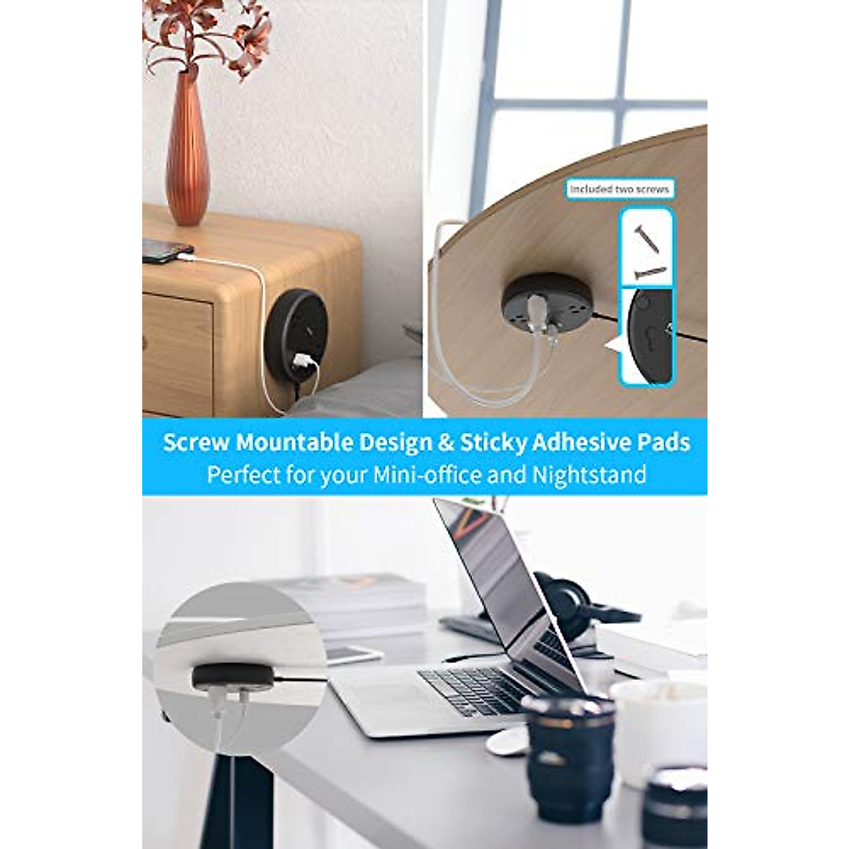 Extension Cord 10 ft, NTONPOWER 3 Widely Spaced Outlets Power Strip with USB Port, Wall Mountable, Flat Plug Extension Cord with USB, Overload Protection for Home, Office, Travel, Dorm Essentials