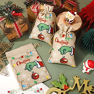 AnyDesign Christmas Burlap Gift Drawstring Bags Funny Cartoon Character Candy Bags 4 x 6 Inch Small Linen Goody Bags Xmas Party Favors Supplies, 18Pcs