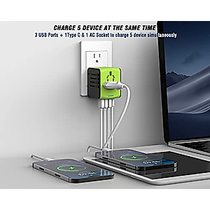 RXSQUL Universal International Power Travel Plug Adapter, 5 in 1 European Adapter W/ 2.4A 3xUSB-A 3.0A 1xUSB C Wall Charger and Worldwide AC Outlet for Europe USA UK AUS Asia-Green