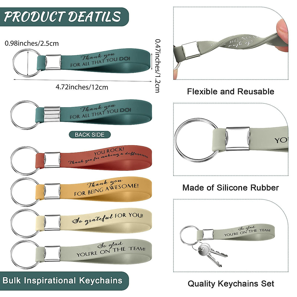 Roowest 50 Pcs Inspirational Gift for Women Silicone Keychain Employee Appreciation Gift Bulk Teacher Coworker(Elegant Color)