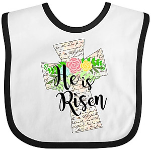 inktastic He Is Risen Cross with Script and Flowers Baby Bib White and Black 3e566