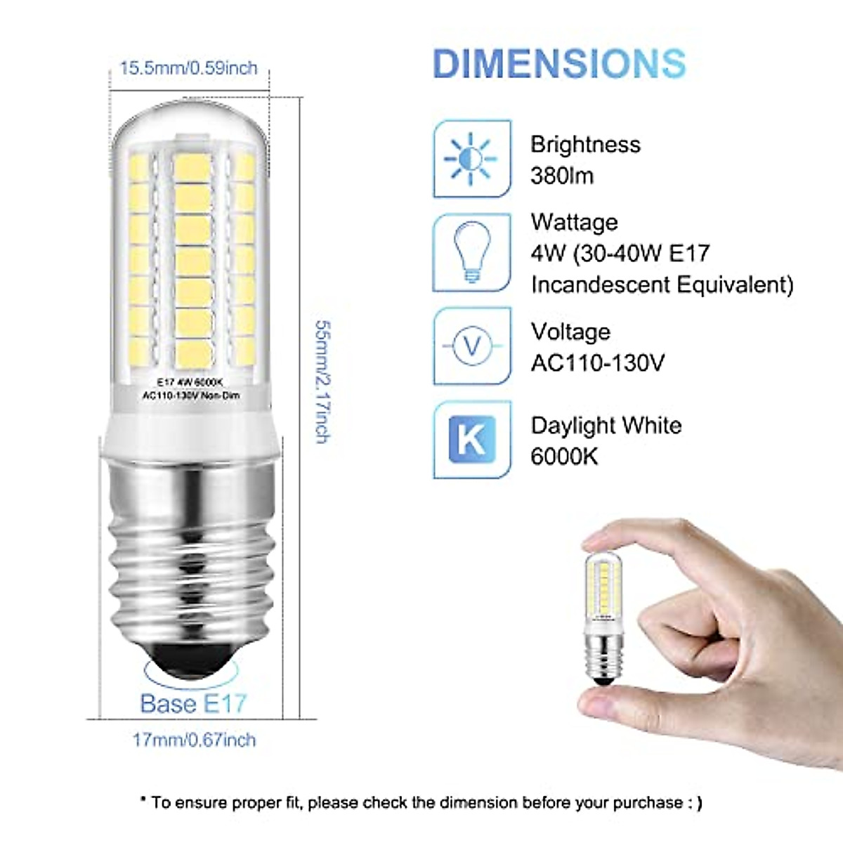E17 LED Bulbs Under Microwave Over Stove Lights, Daylight 6000K, 40W Incandescent Equivalent, Non-Dimmable, Pack of 2