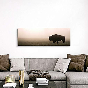 A Bison in Mist - Panoramic Canvas Wall Art Print, Wyoming Artwork