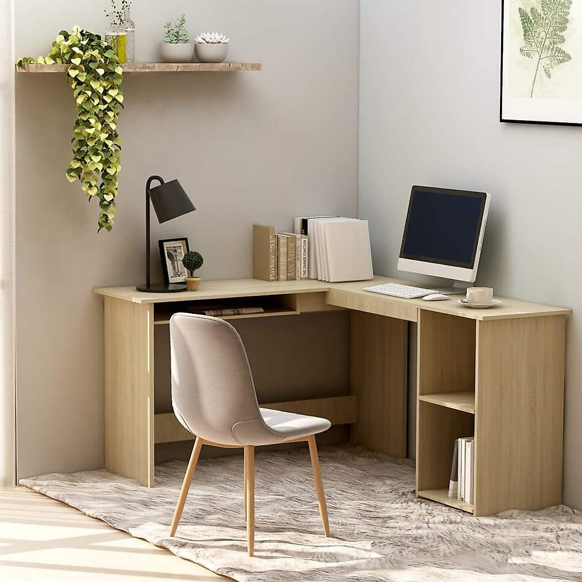 QZZCED L-Shaped Corner Desk,Modern Computer Desk,Workstation,PC Laptop Table,with Pull-Out Keyboard Tray and 2 Open Shelves Sonoma Oak 47.2"x55.1"x29.5" Chipboard