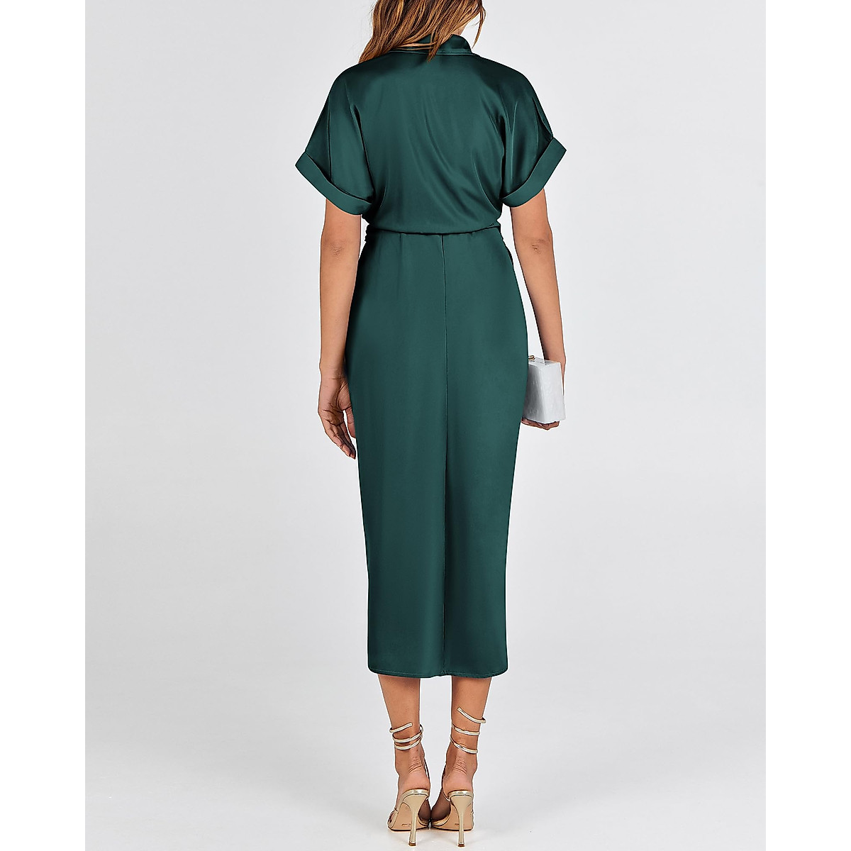 BTFBM 2024 Women Button Down Ruched Shirt Dresses Short Sleeve Lapel V Neck Elegant Party Spring Summer Maxi Satin Dress(Short Sleeve Dark Green, Medium)