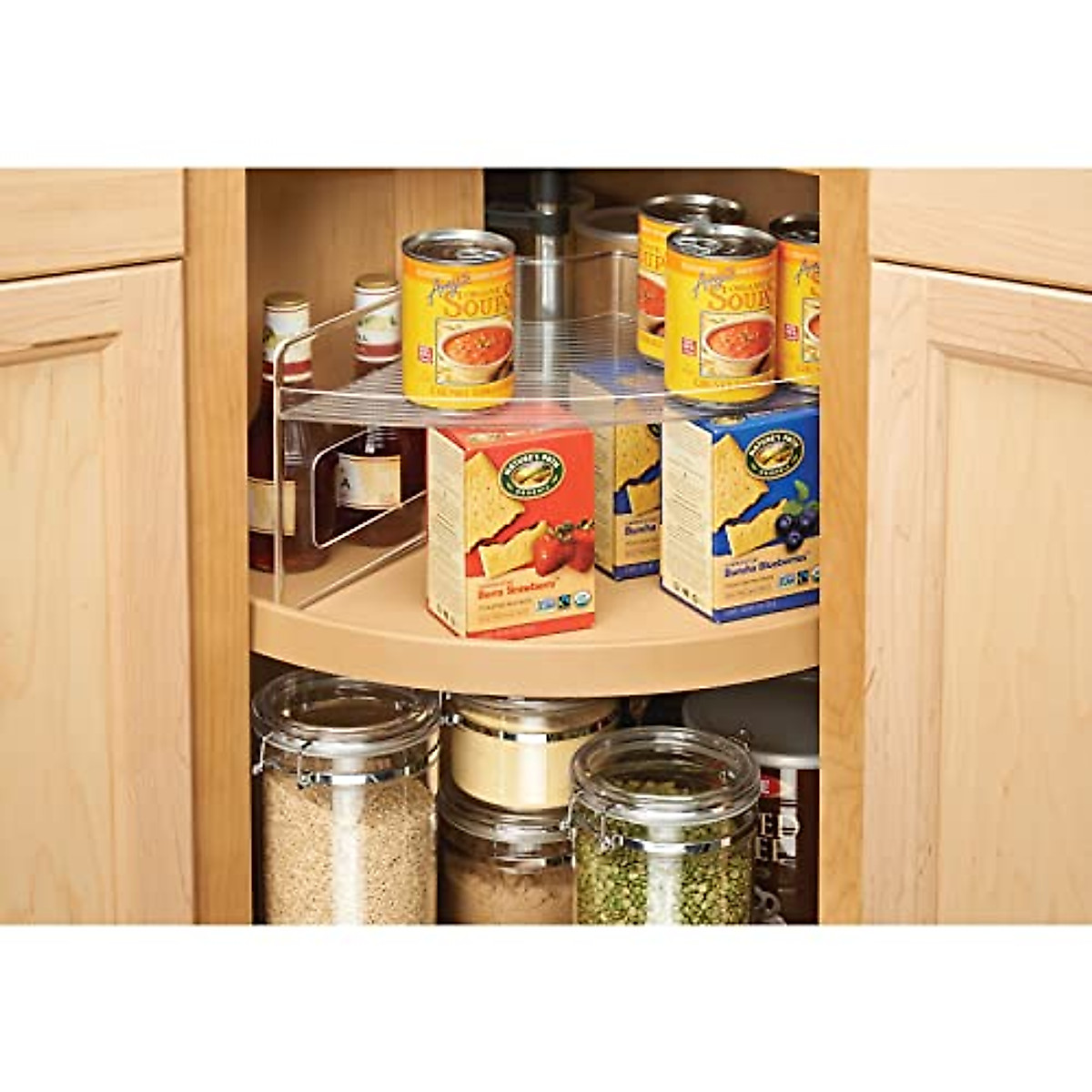 mDesign Plastic Kitchen Cabinet Lazy Susan Food Storage Organizer Raised Shelf Tray - 2 Tier, Pie-Shaped, 1/4 Wedge - Organize Soup Cans, Pasta, Tea, Coffee, Spices, Jars, Bottles, Boxes - Clear