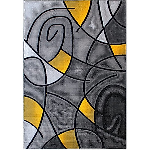 HR Orangish Yellow/Grey/Silver/Black/Abstract Area Rug Modern Contemporary Circles | Bedroom Rug with Wave Design Pattern (5' x 7')