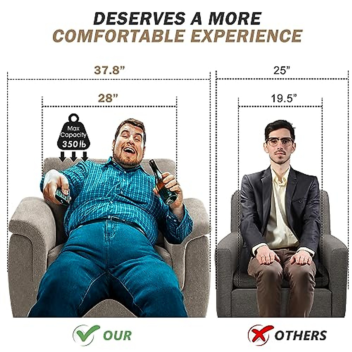 CDCASA Oversized Accent Chair, Linen Fabric Mid Century Modern Chair, Comfy Upholstered Armchair Reading Chairs Single Sofa Chairs with Wood Legs for Bedroom Living Room, Light Brown, 1PC