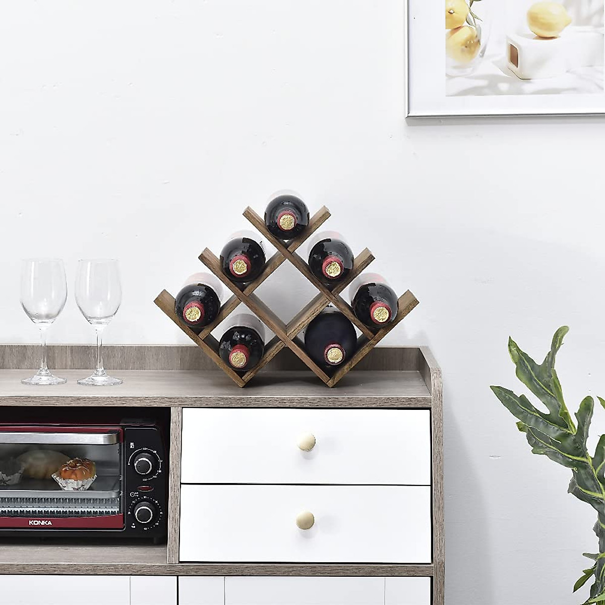 KIRIGEN 8-Bottle Countertop Wine Rack - Wine Bottle Holder for Bar Table/ Wine Cabinet Free Standing - Wood 3-Tier Wine Display and Storage Shelves Dark Brown XHJJ3-DBR