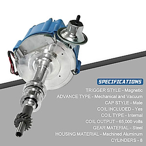 HEI Ignition Distributor for Small Block Ford 351W Windsor 5.8L 8 Cylinder New Distributor 65K Coil with Blue Cap