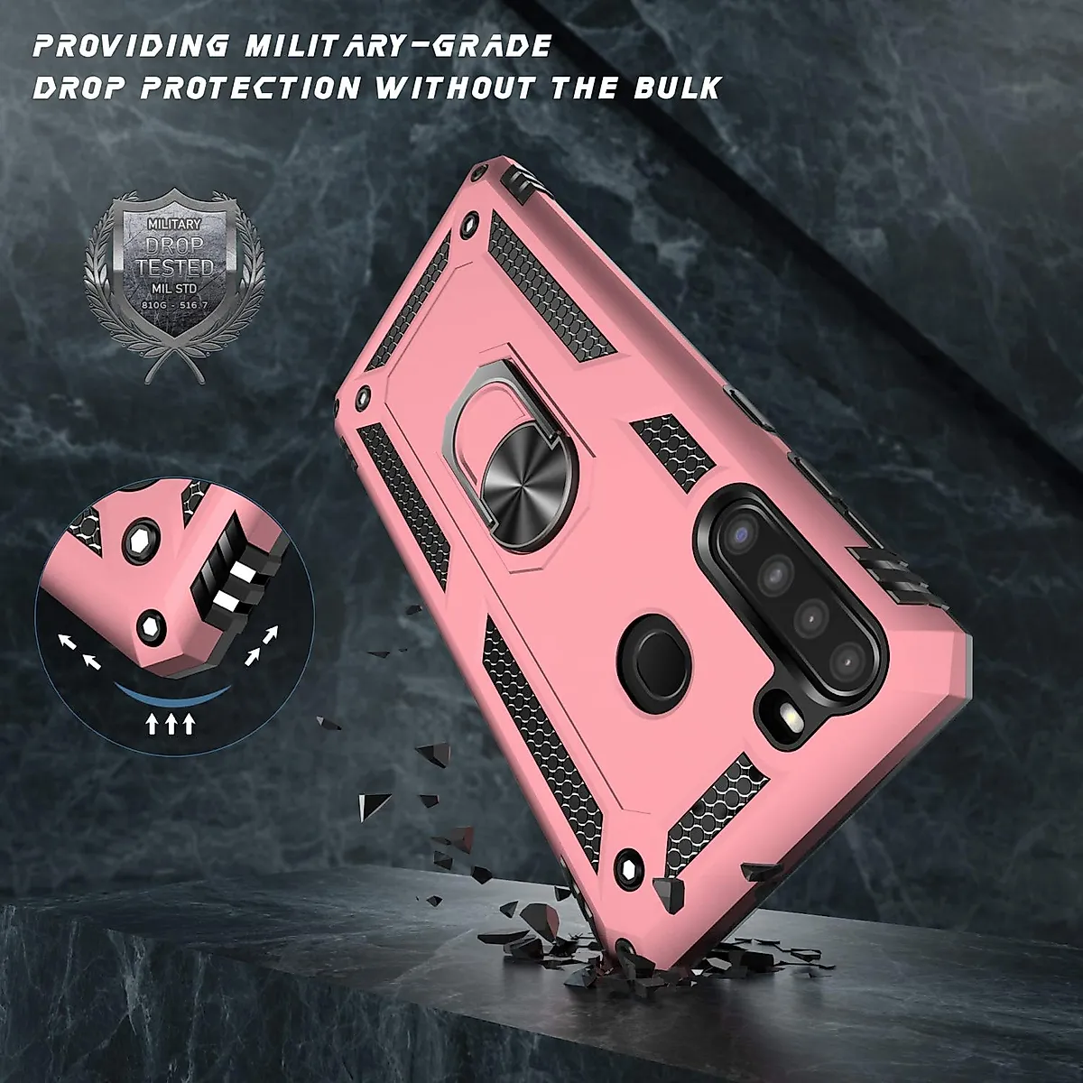 MERRO for Galaxy A21 Case with Screen Protector,Military Grade Heavy Duty Shockproof Protective Phone Cover Pass 16ft Drop Test with Magnetic Kickstand and Car Mount Holder Rose Gold Color