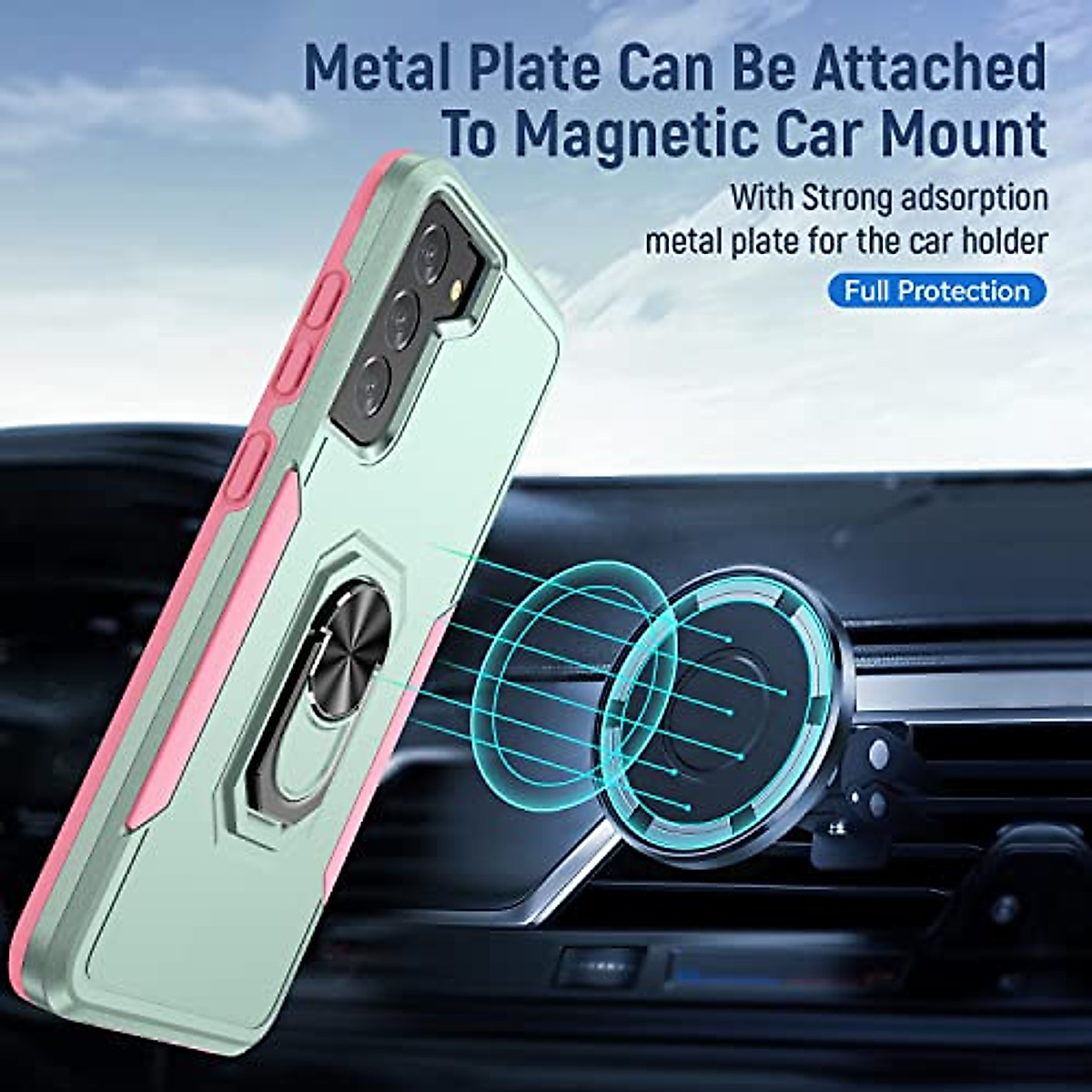 KSELF Galaxy S21 5G Case: Military-Grade Shockproof, Tempered Glass Protector, Ring Kickstand (Green & Pink)