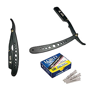 Classic Samurai New Ergonomic Design Stainless Steel Professional Folding Straight Edge Barber Razor Shavette Manual Shaver with 100 Lord Single Blades (Matte Black + 100 Lord Blades)