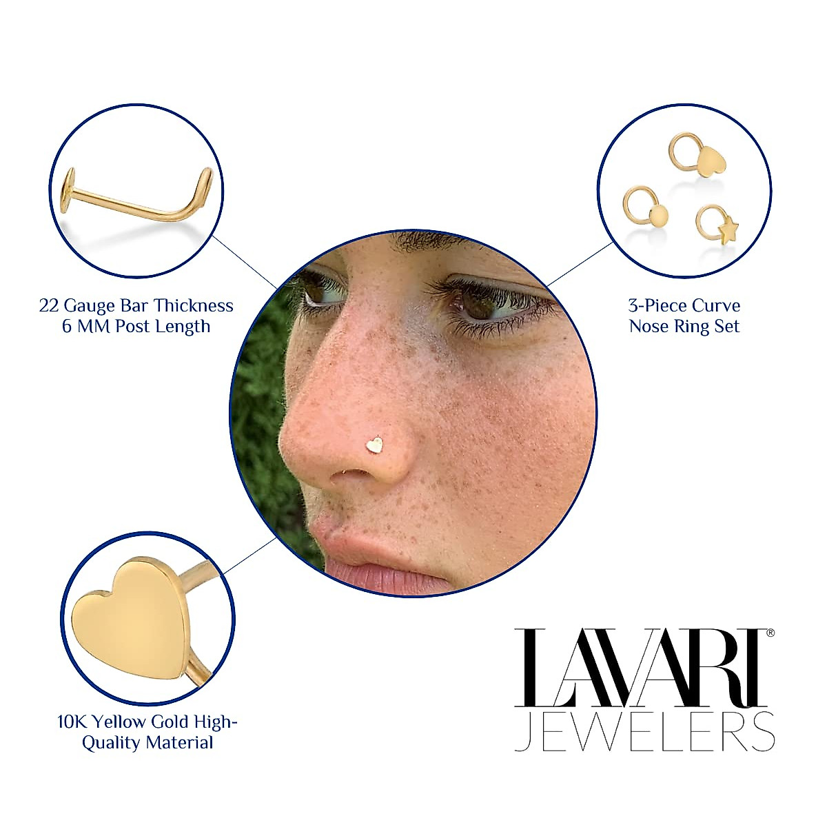 Lavari Jewelers 22G Nose Ring Set 2mm Circle Star Heart in 10k Yellow Gold
