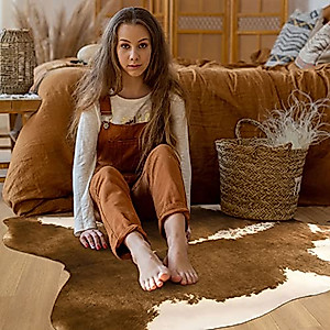 BENRON Cowhide Rug - 3' X 4' Ultra-Thin Cow Hide Rug No-shed Faux Cow Print Rugs for Bedroom Carpets Table Topper Wall Decor Cute Animal Rug Western Industry Style Fireplace Hearth Rug, Brown