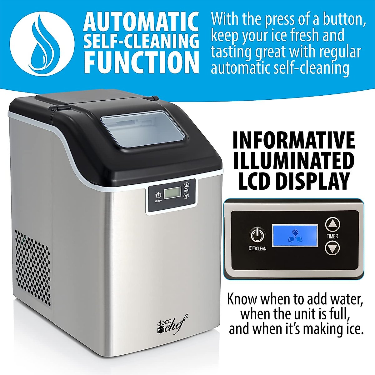 Deco Chef 44LB Countertop Nugget Ice Maker with 2.6LB Auto-Renew Basket and Automatic Cleaning, 1.8LB per Hour, First Batch in 10 Minutes, Stainless Steel