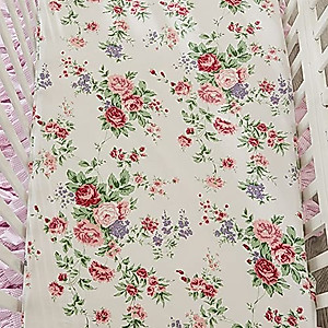 Brandream Pink Floral Crib Bedding Sets for Girls Farmhouse Chic Nursery Bedding Collection, 100% Cotton 3 Pieces