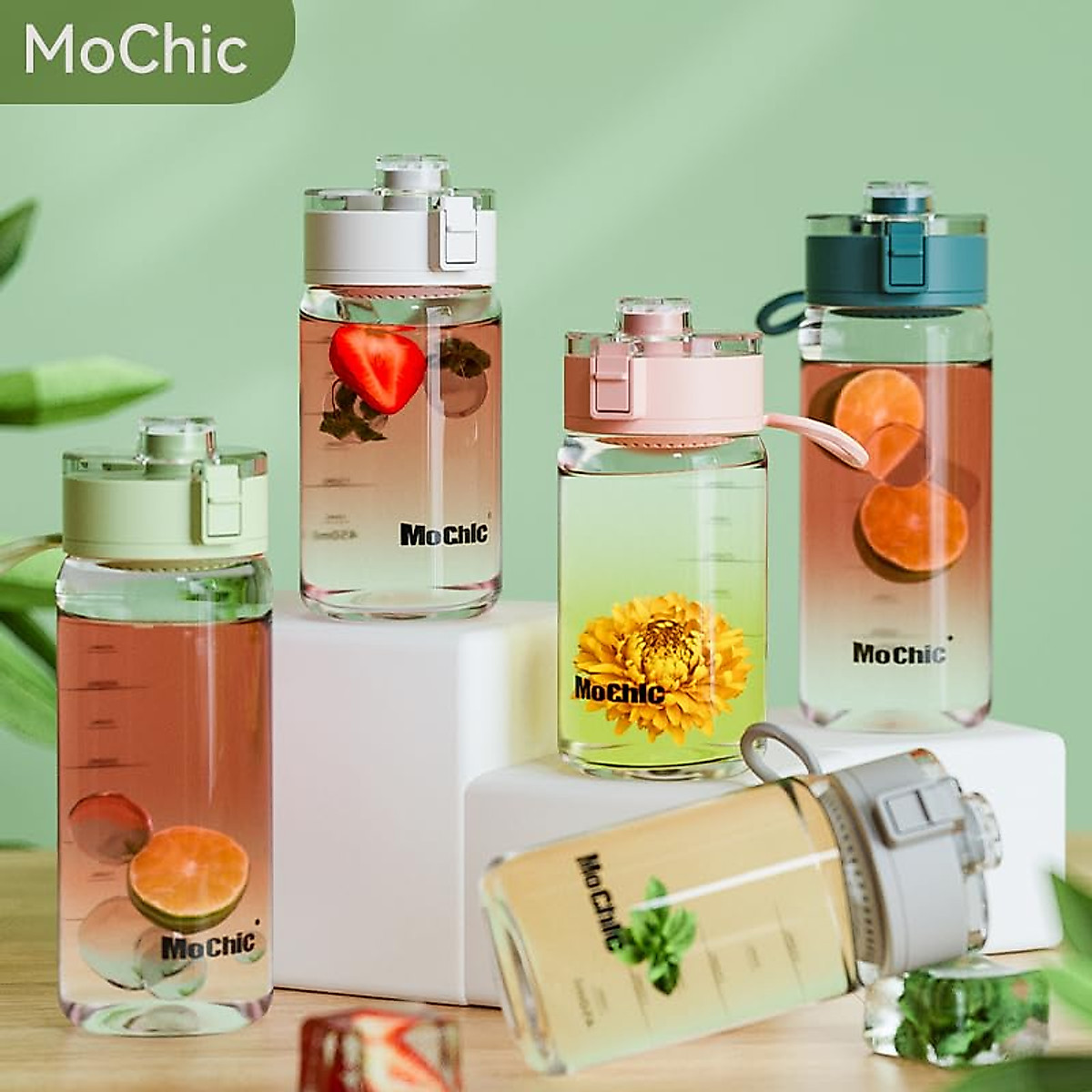 MOCHIC CUPWater Bottle 15oz Wide Mouth Water Bottle transparent Water Jug Leakproof Durable Removable Strainer for Fitness, Gym, Outdoor Sport (pink)