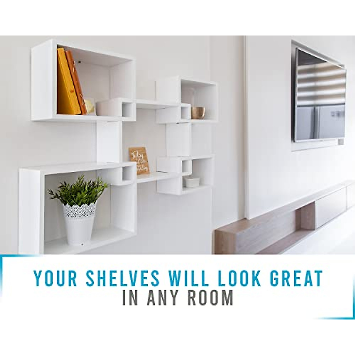 Modern Wall Mounted Square Shaped Floating Shelves – Set of 5 Square Shelves for Bathroom, Bedroom, Living Room & More - Screws and Anchors Included – Rustic Wall Décor Display for Home - White