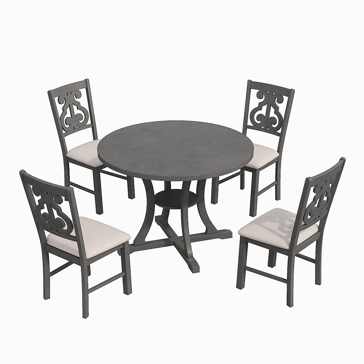 5 Piece Kitchen Table Set with Storage Shelf and Special-Shaped Legs, Retro Style Round Dining Table Set with Hollow Chair Back, Gray