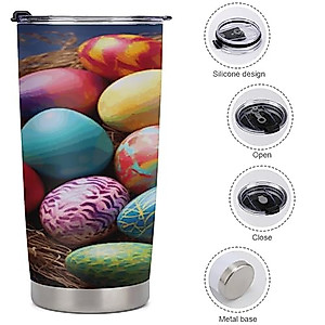 FHENMSA Reusable Plastic Water Cups with Lids,Easter Day Colorful Eggs Print Anti-overflow Cup,sports Travel Coffee Cup