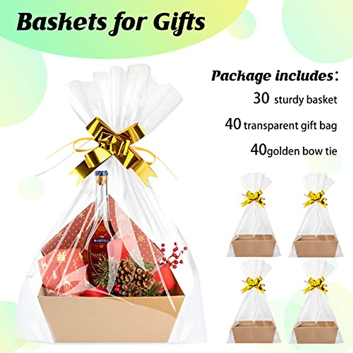 110 Pcs Large Empty Gift Basket DIY Basket for Gifts Empty Kit 30 Pcs 10 x 8.5 x 3.5 Inch Kraft Market Tray with Handle Fruit Cardboard Basket with 40 Bags 40 Gold Bows for Holiday Birthday Gift