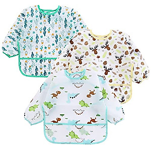 PandaEar 3 Pack Long Sleeve Bibs| Waterproof Full Bib with Sleeves for Babies Infant Toddler 6-24 Months| Mess Proof Baby Smock for Eating| Baby Apron for Feeding
