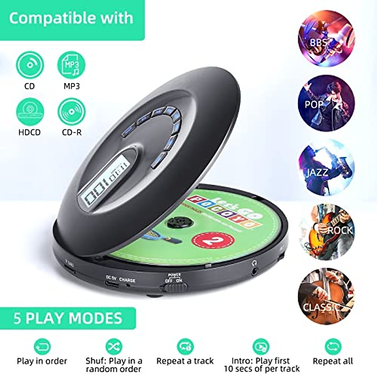 CD Player Portable, Rechargeable Portable CD Player for Car and Travel, Walkman CD Player with Headphone and Anti-Skip/Shockproof, Personal CD Player with LCD Display, AUX Cable, Backlight
