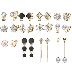 Aganippe Gold Non-Piercing Earrings Set, 12 Pairs, Dangle & Pearl, Hypoallergenic, Gift Box