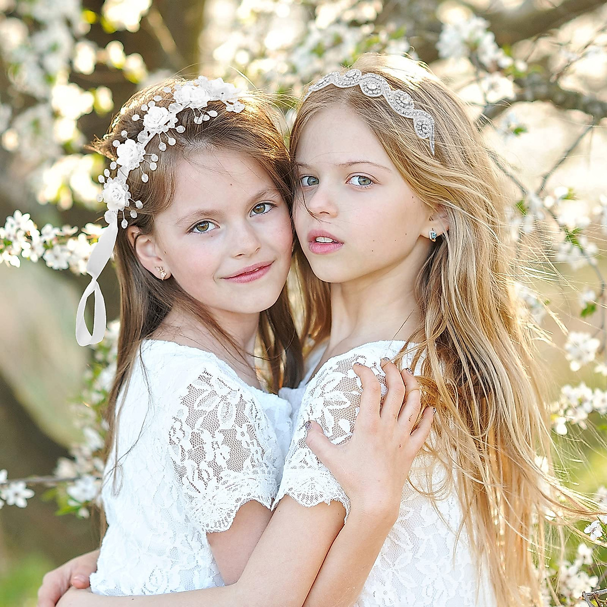 4 Pieces Flower Girl Headpiece Princess White Wedding Hairband Pearls Rhinestone Headdress for Women Girls Photography