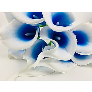 Etycoo 20pcs Calla Lily Lataex Real Touch Flower Bouquet for Wedding Garden Dining Table Center Home Party Photography Decor (White Blue Core)